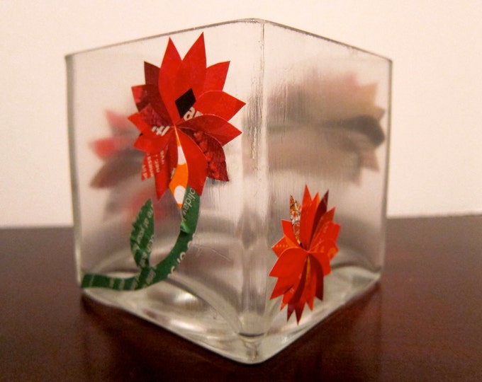 Cube Vase, Decoupage Collage Flowers, Red and Pink - Etsy