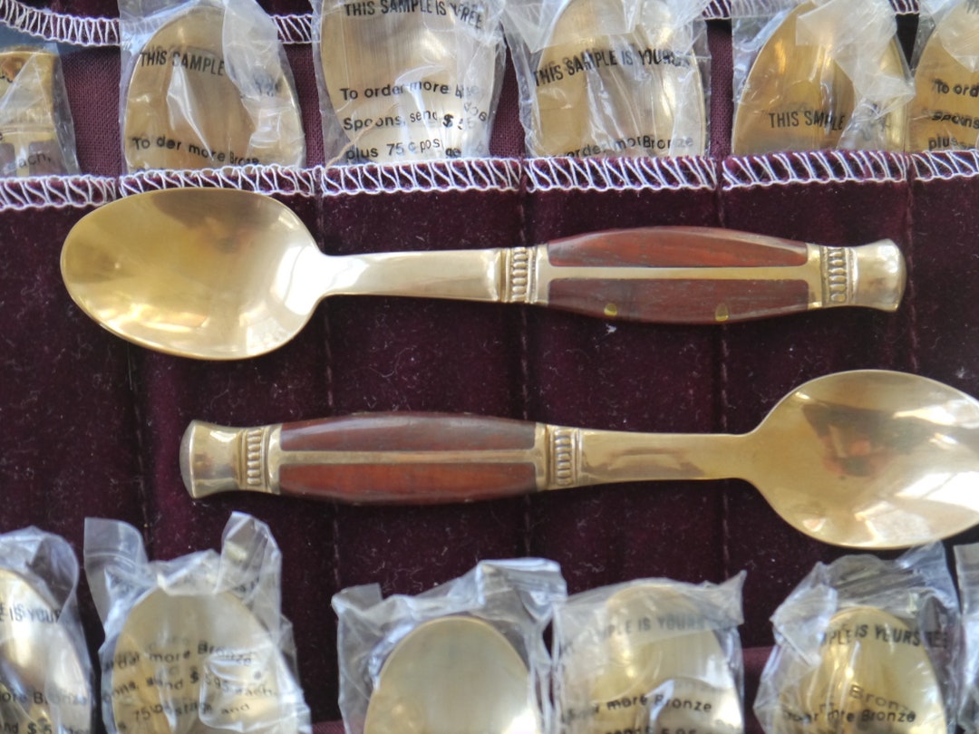 14 Vintage Mini Demitasse Spoons, Bronze With Teak Handle, Made in ...
