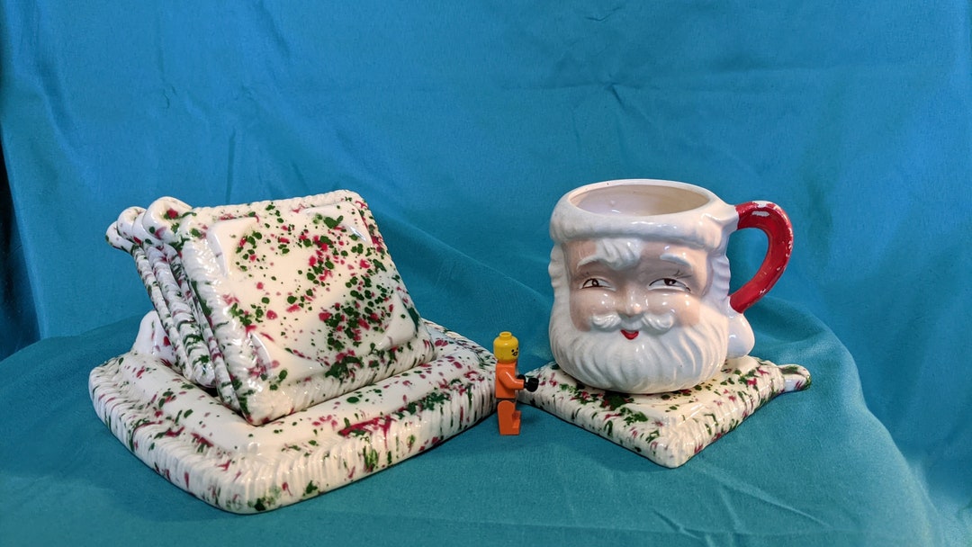 Coaster Set of 6 Red Green White Christmas Spatterware Splatter Paint ...