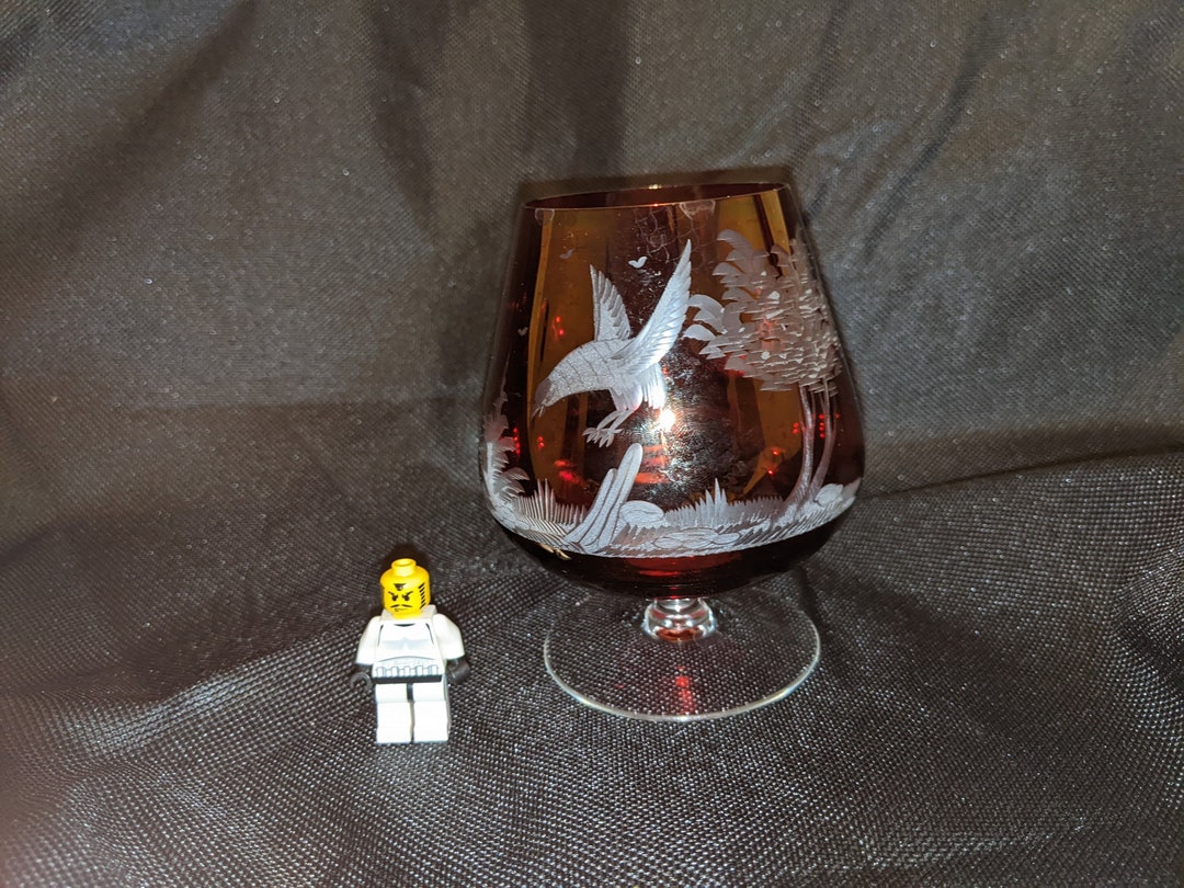 Cranberry Glass Etched Hawk Bird Brandy Snifter Vintage - Etsy