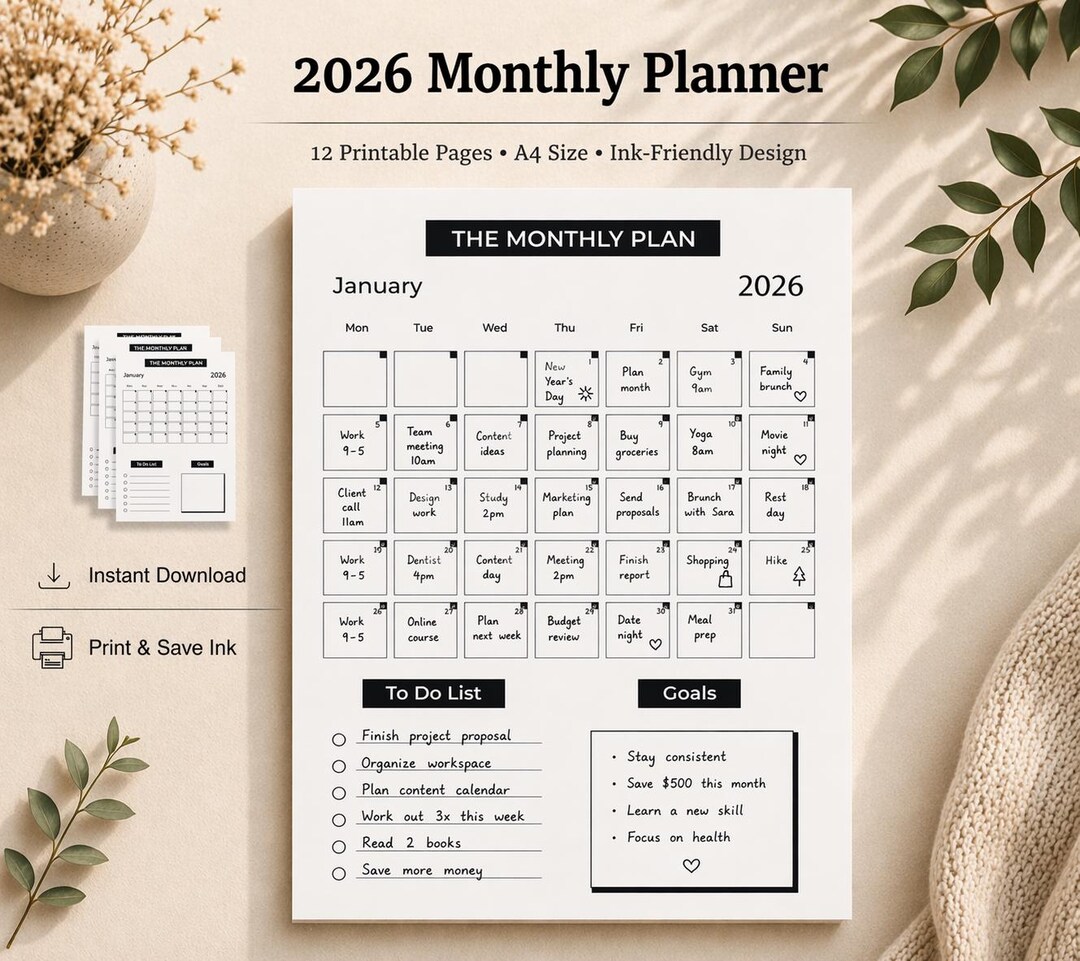Planner 2026 Printable, Monthly PDF, A4 Minimalist Wall Calendar ...