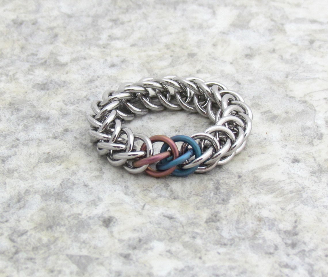 Chain Maille Ring Pink and Teal Titanium Stainless Steel - Etsy