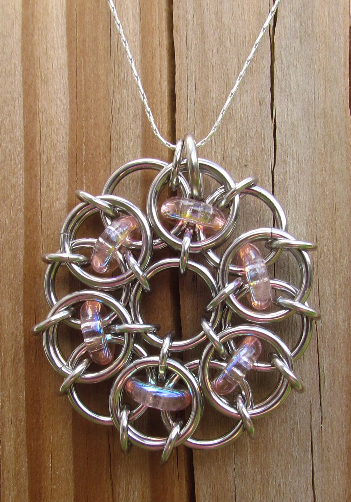 Chain Maille Pendant, Glass Pendant, Pink Pendant, Rose Glass Jewelry ...