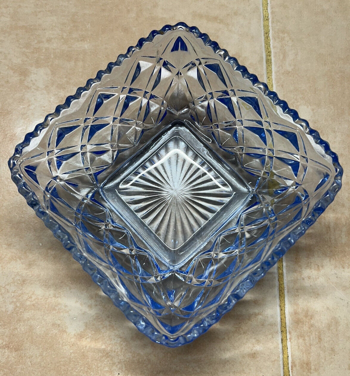 Vintage Imperial Glass Block Diamond Ice Blue Square Bowl Starburst ...