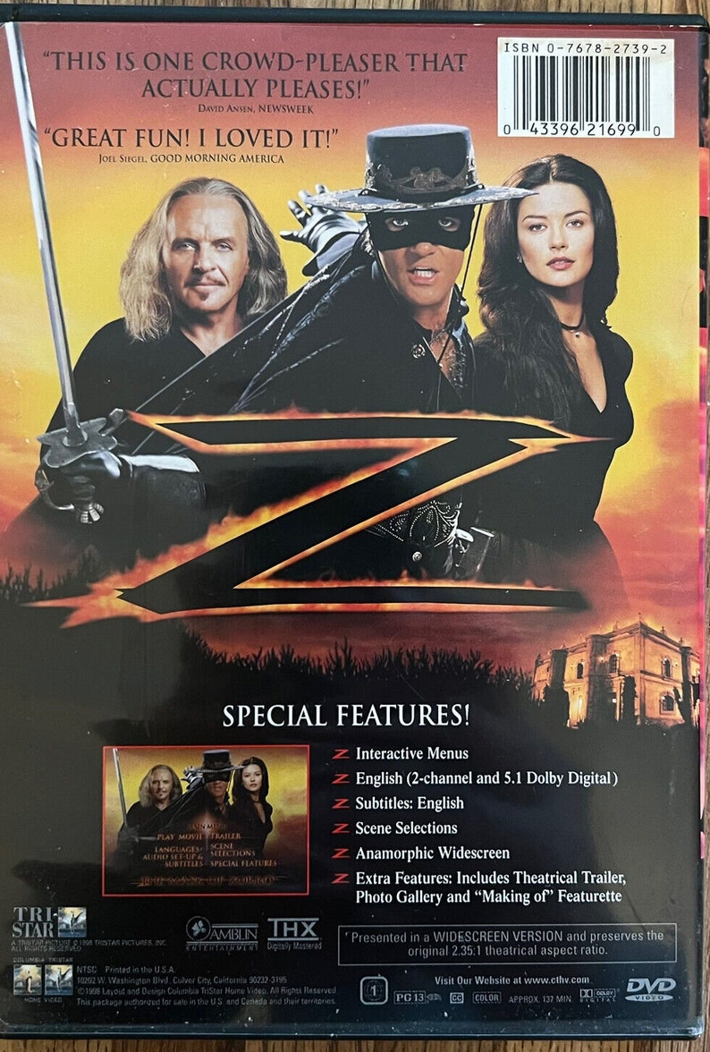 The Mask of Zorro DVD, 1998 Antonio Banderas, Anthony Hopkins - Etsy