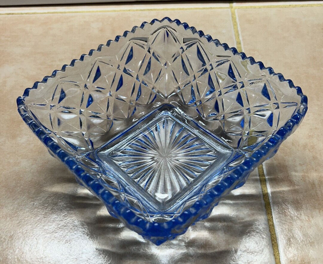 Vintage Imperial Glass Block Diamond Ice Blue Square Bowl Starburst ...