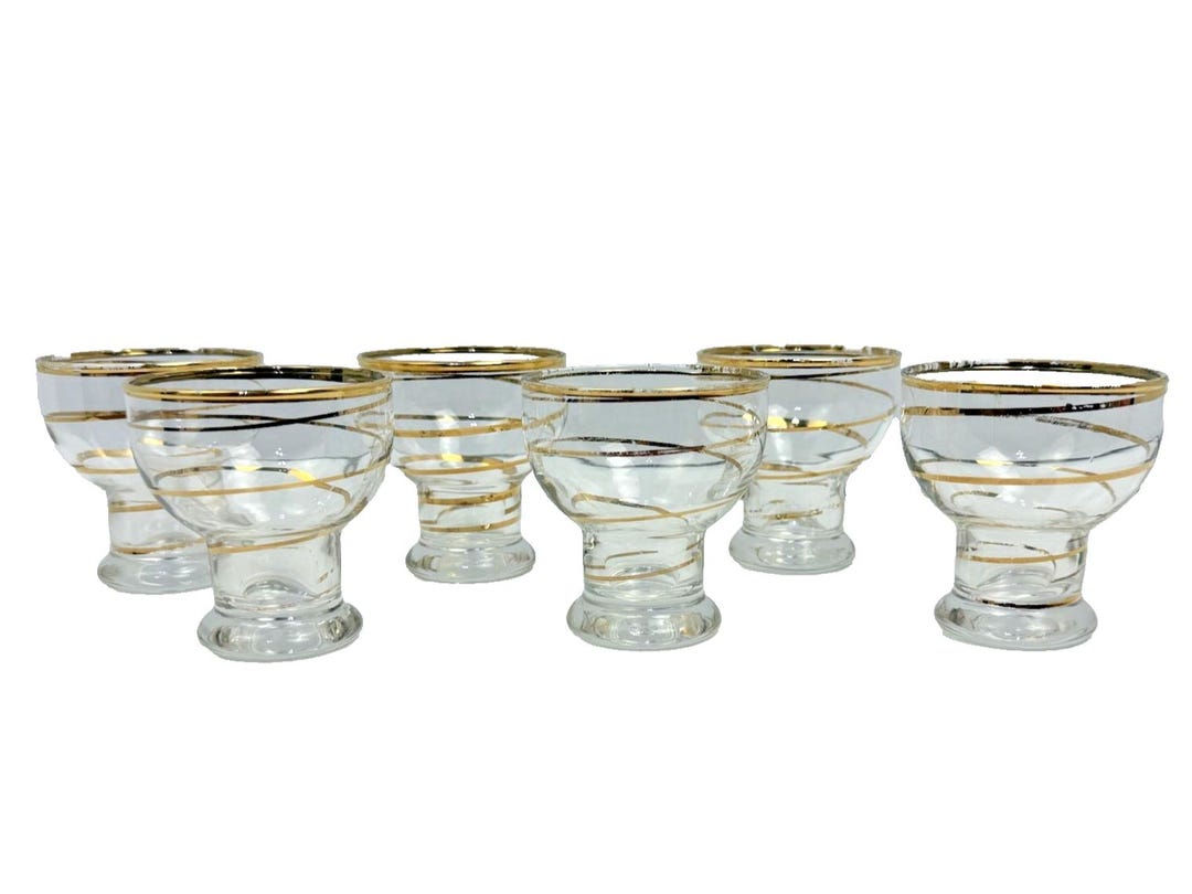 Vintage Dorothy Thorpe Style Apertif Brandy Glasses MCM Gold Rings Set ...