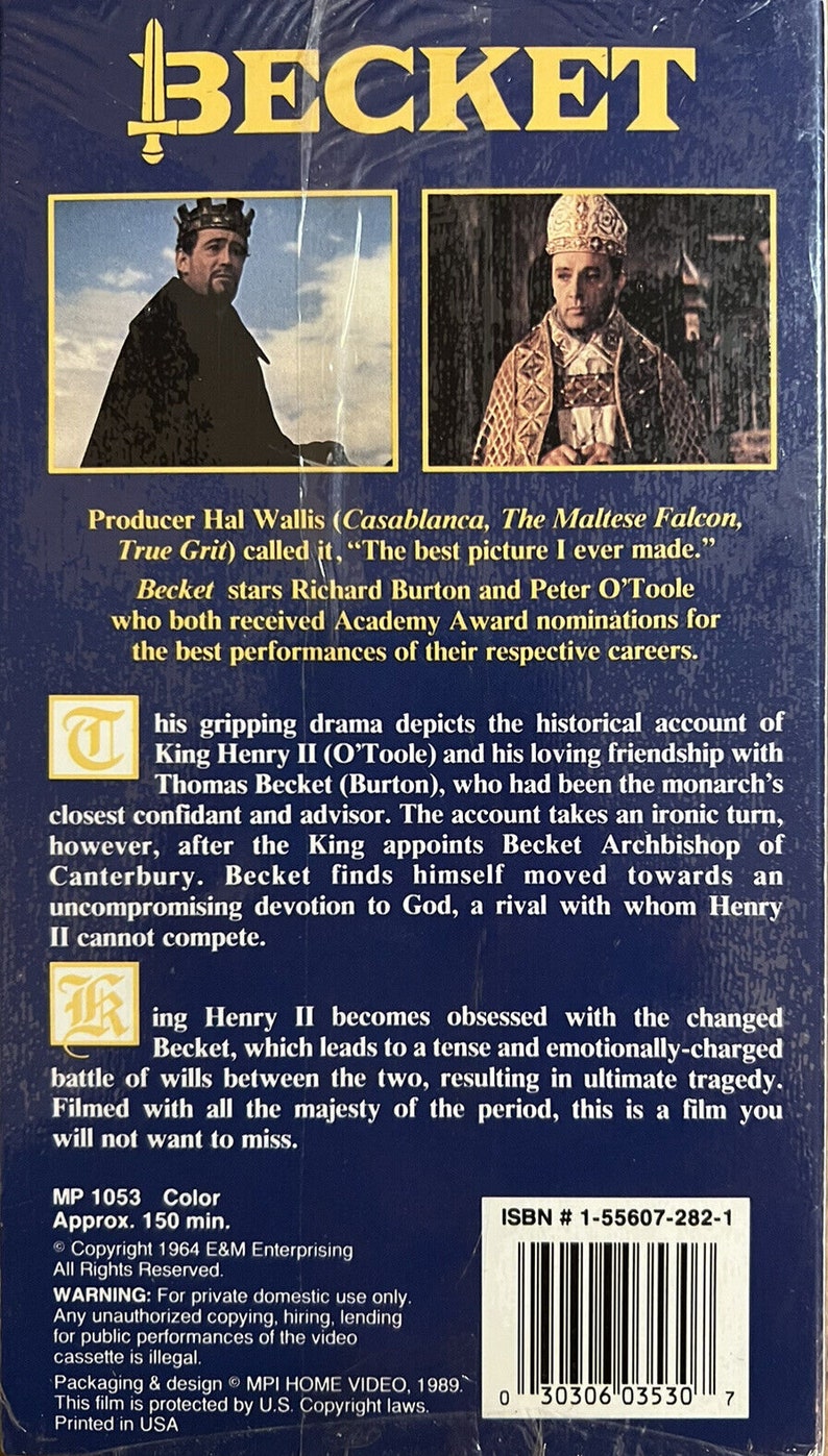 Becket (VHS. 1989) Richard Burton Peter O'toole Like New - Etsy