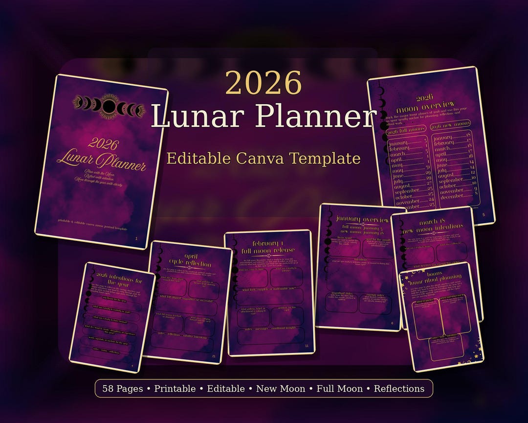 2026 Lunar Planner Canva Template, Editable Moon Phase Journal (digital ...