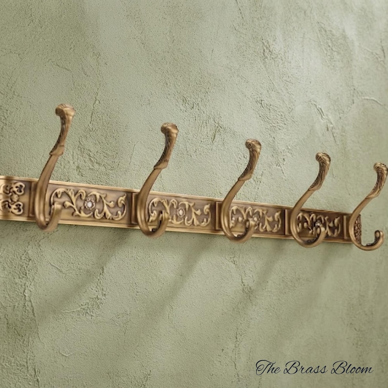 Solid Brass Wall Hook Rack With 5 Hooks, Coat Hook, Rustic Wall Mounted ...