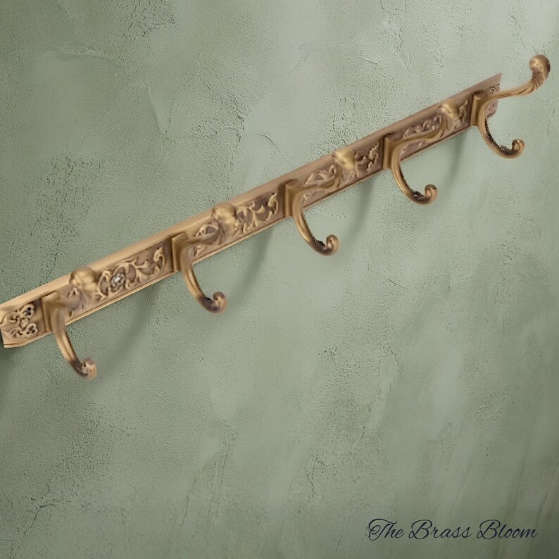 Solid Brass Wall Hook Rack With 5 Hooks, Coat Hook, Rustic Wall Mounted ...