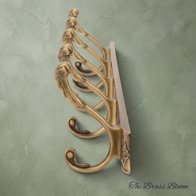 Solid Brass Wall Hook Rack With 5 Hooks, Coat Hook, Rustic Wall Mounted ...