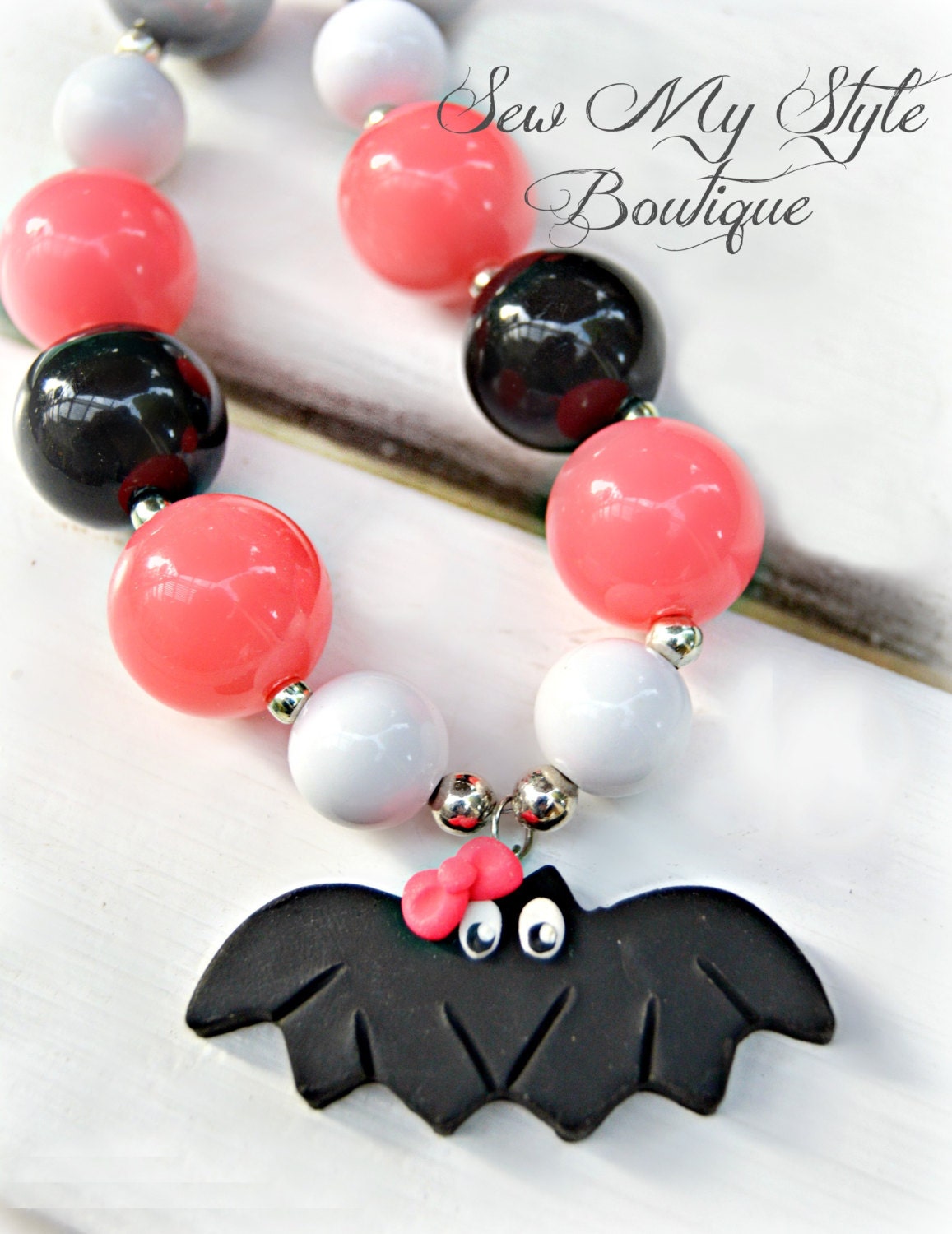 Halloween Bat Necklace/SALE/Pink Chunky Bead Necklace/Bat with | Etsy