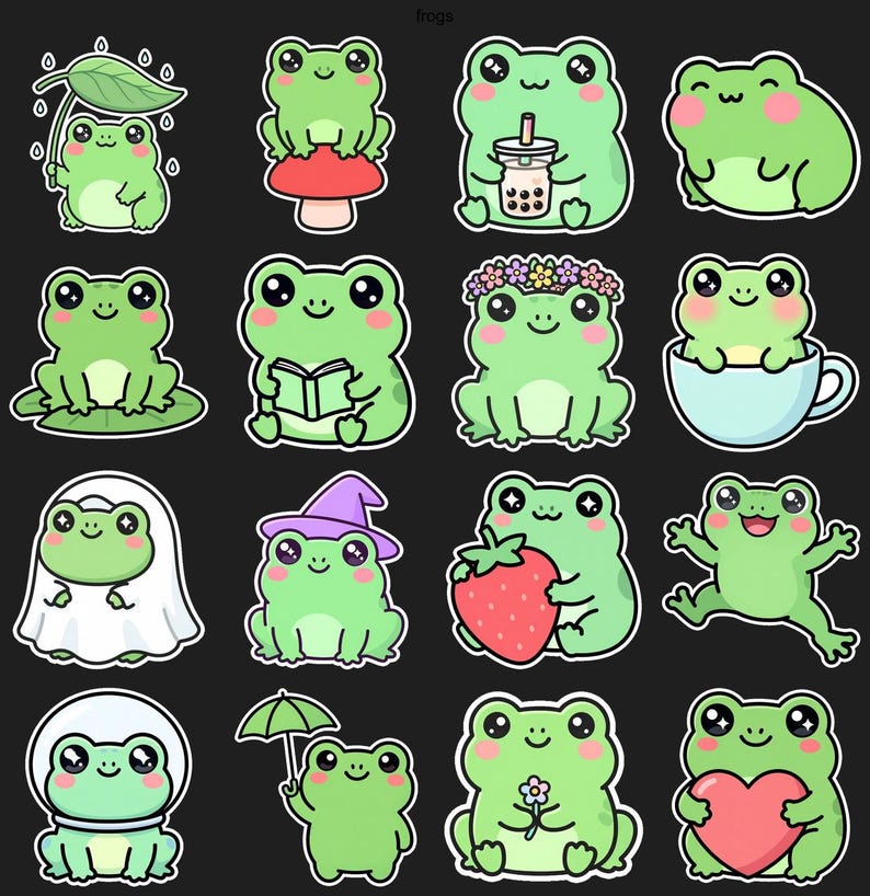 Kawaii Frogs Clipart PNG Bundle | 16 Pastel Frog Designs (commercial ...