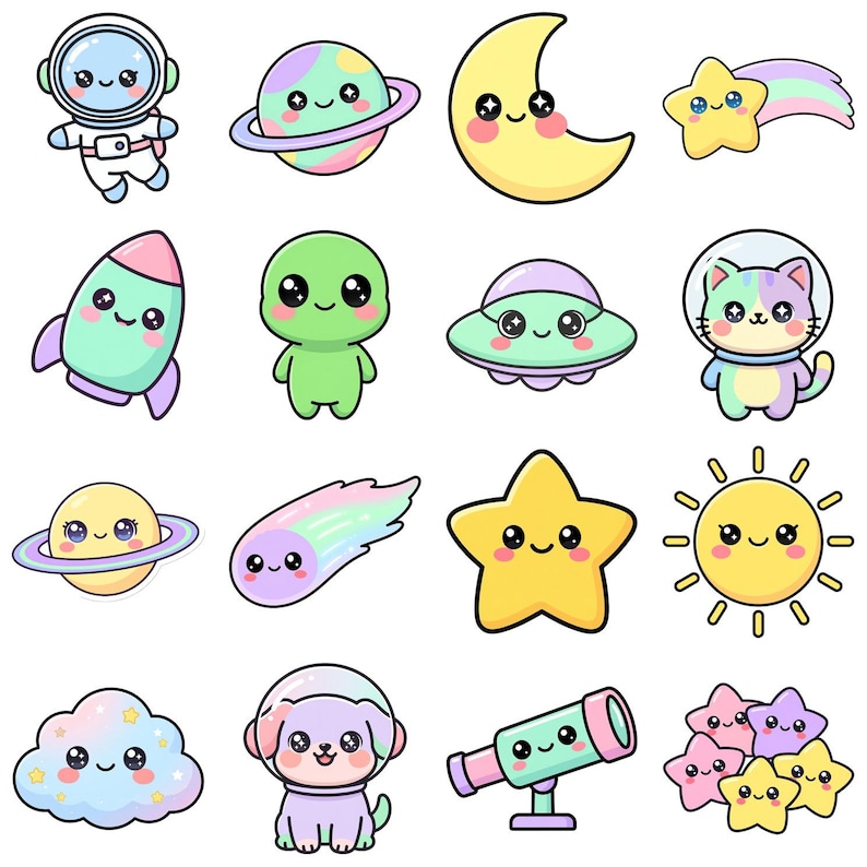 Kawaii Space Clipart PNG Bundle | 16 Pastel Stickers (digital Download ...