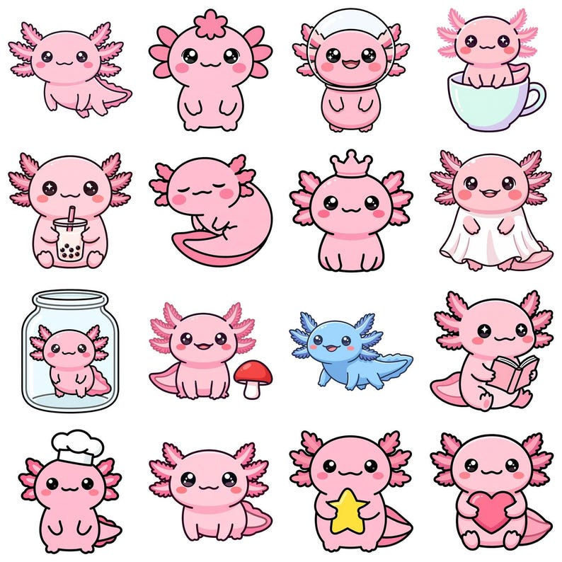 Kawaii Axolotl Clipart PNG Bundle | Pastel Sticker Designs (commercial ...