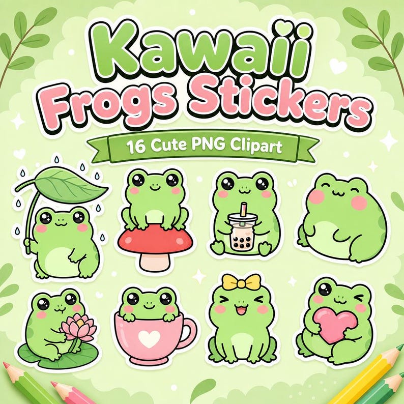 Kawaii Frogs Clipart PNG Bundle | 16 Pastel Frog Designs (commercial ...
