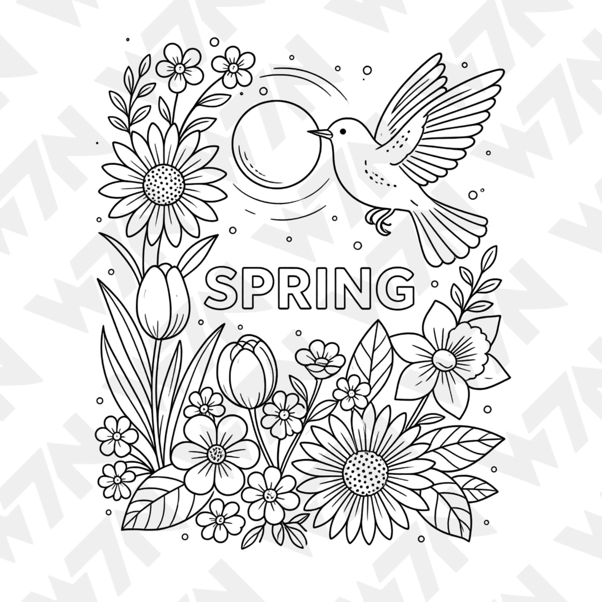Spring Coloring Pages | Rabbits, Birds, Flowers, Nature Scenes | 100 ...