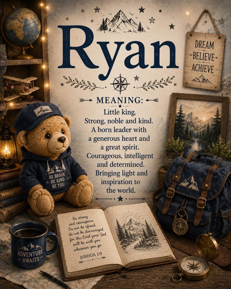 Personalized Name Meaning Print Baby Boy Nursery Wall Art, Adventure ...