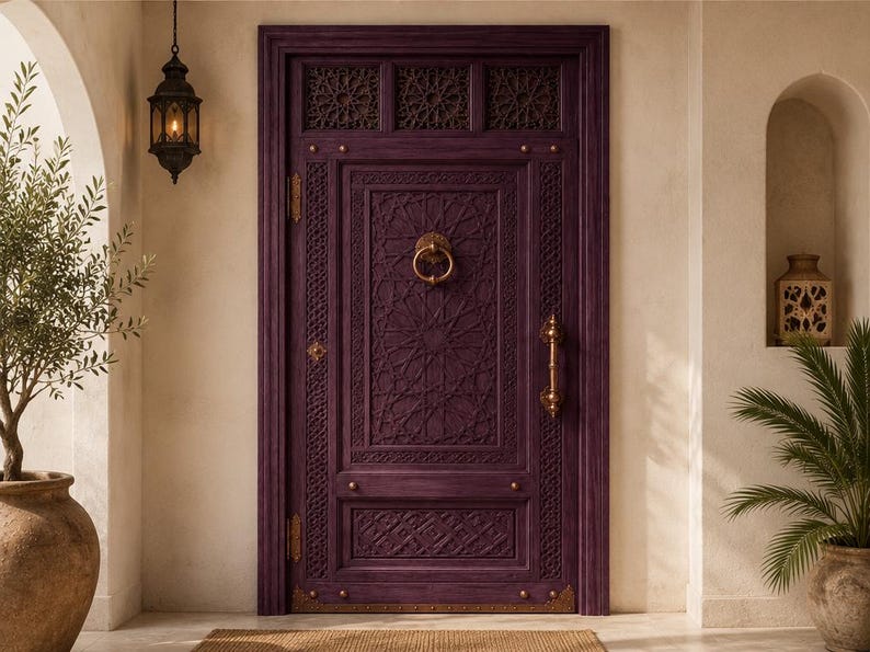 Hand Carved Purple Moroccan Wooden Door, Brass Knocker, Riad Entrance ...
