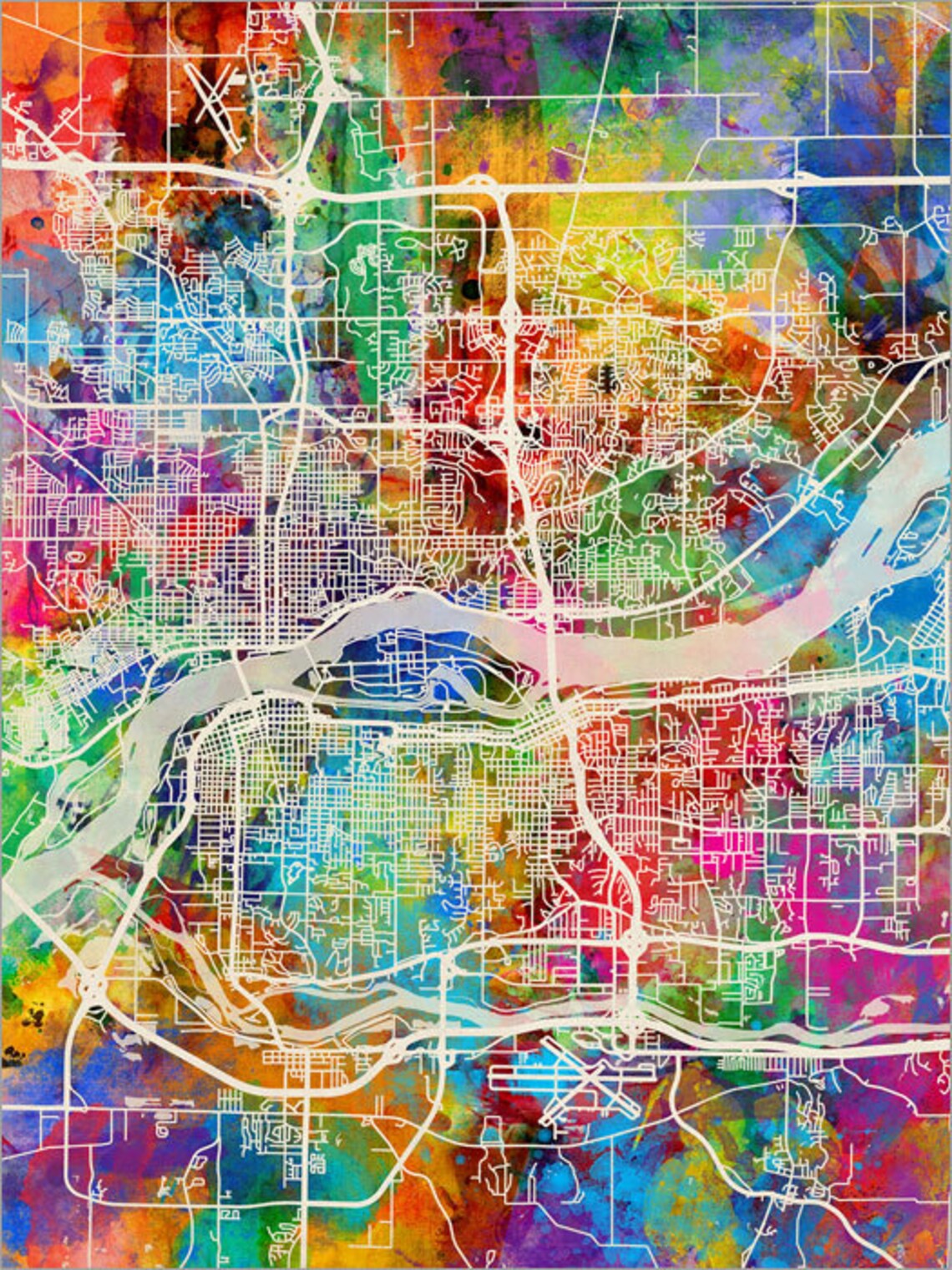 Quad Cities Map, Davenport, Bettendorf, Rock Island, Moline, Art Print ...