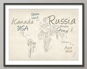 Writing Text Map of the World Map Art Print 362 - Etsy