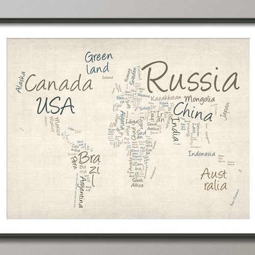 Writing Text Map of the World Map Art Print 362 | Etsy