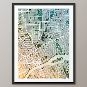 Detroit Map, Detroit Michigan Watercolor Map Painting Art Print Poster ...