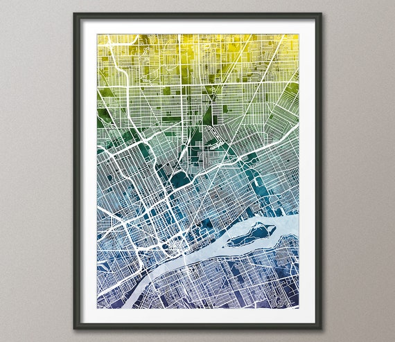 Detroit Map Detroit Michigan Watercolor Map Painting Art | Etsy