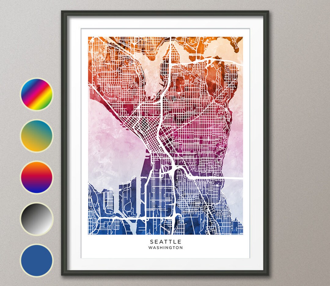 Seattle Map, Washington City Map, Watercolour Art Print Poster (31238 ...
