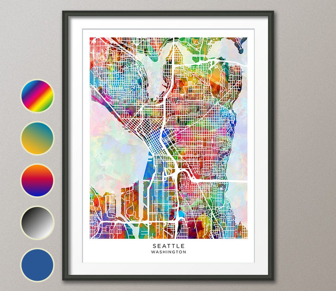 Seattle Map Washington City Map Watercolour Art Print Poster - Etsy