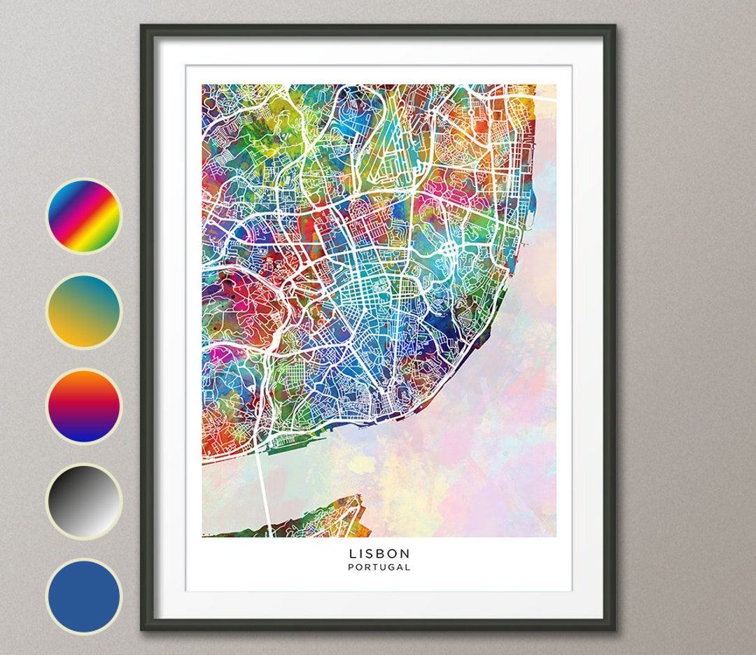 Lisbon Map, Portugal City Map, Watercolour Art Print Poster (31260) - Etsy