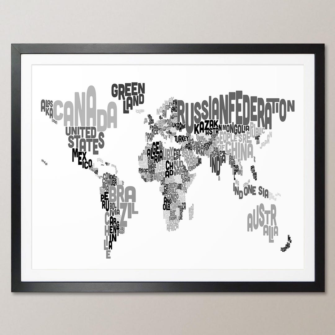 Typography Text Map of the World Map, Art Print (909) - Etsy