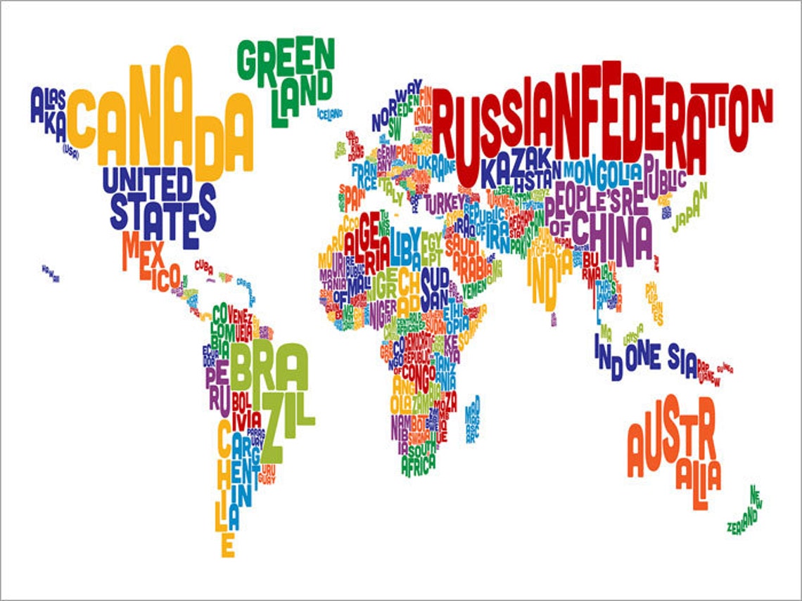 Typography Text Map of the World Map Art Print 1373 - Etsy