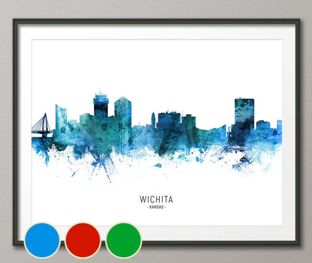 Wichita Skyline Kansas, Cityscape Art Poster Print Blue Red Green 20614 ...
