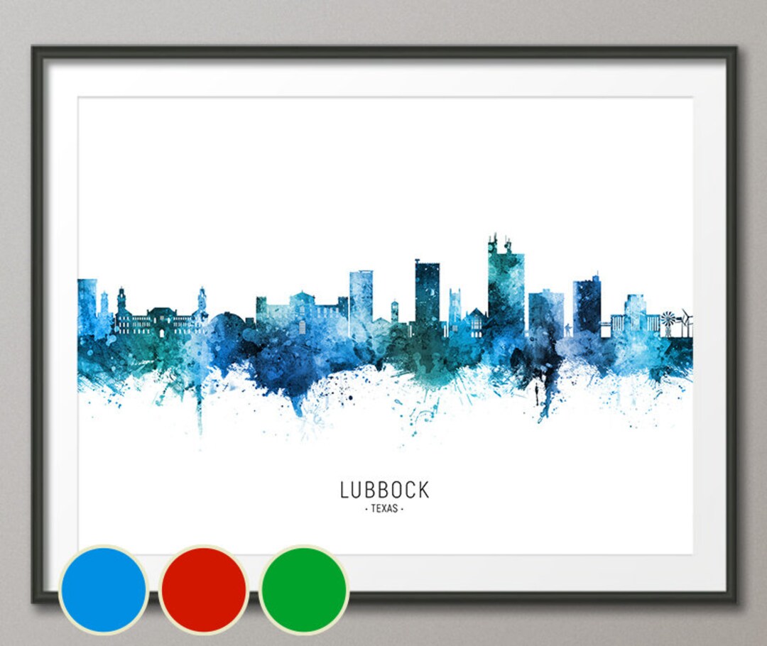 Lubbock Skyline Texas, Cityscape Art Poster Print Blue Red Green 20843 ...