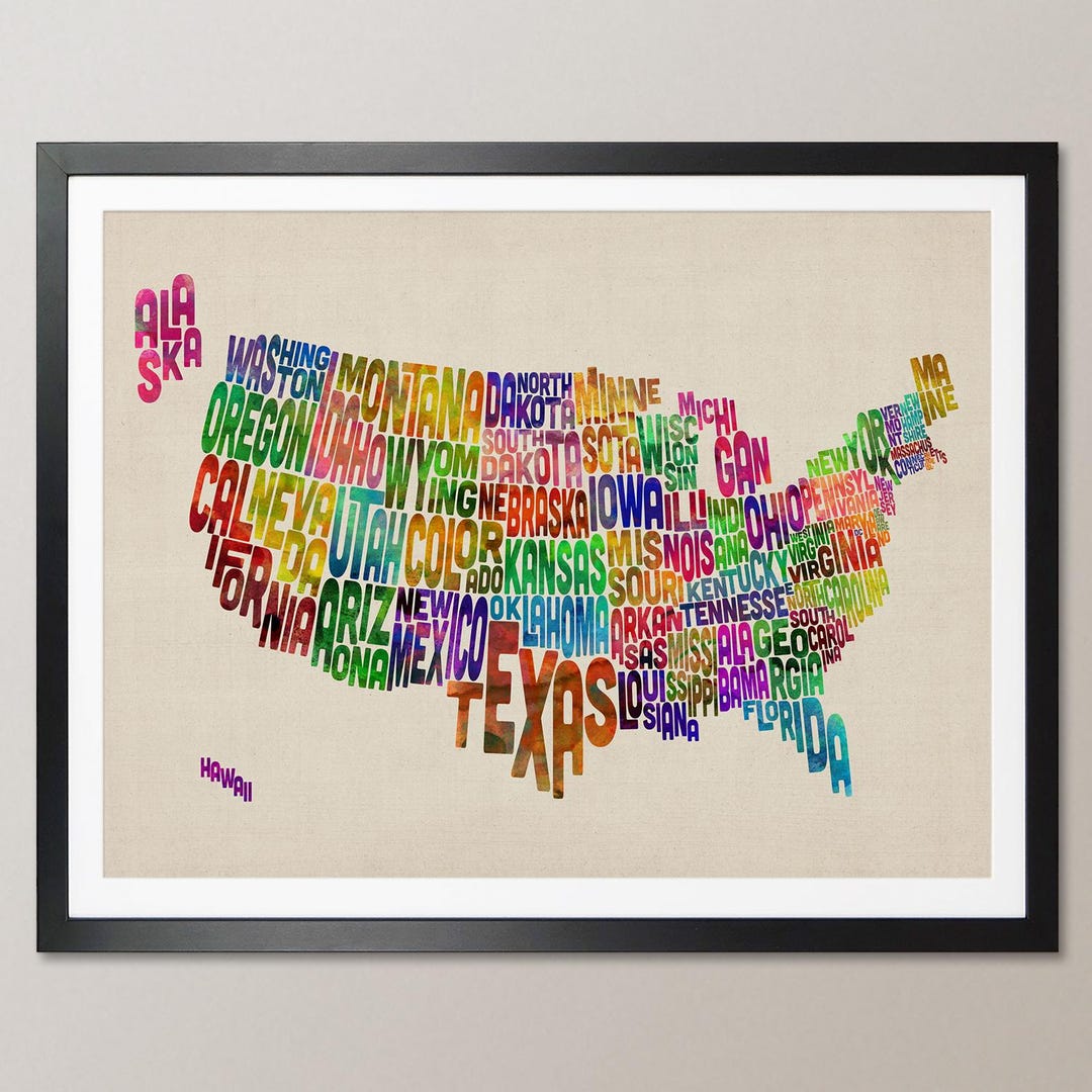 United States Typography Text Map, Art Print (188) - Etsy