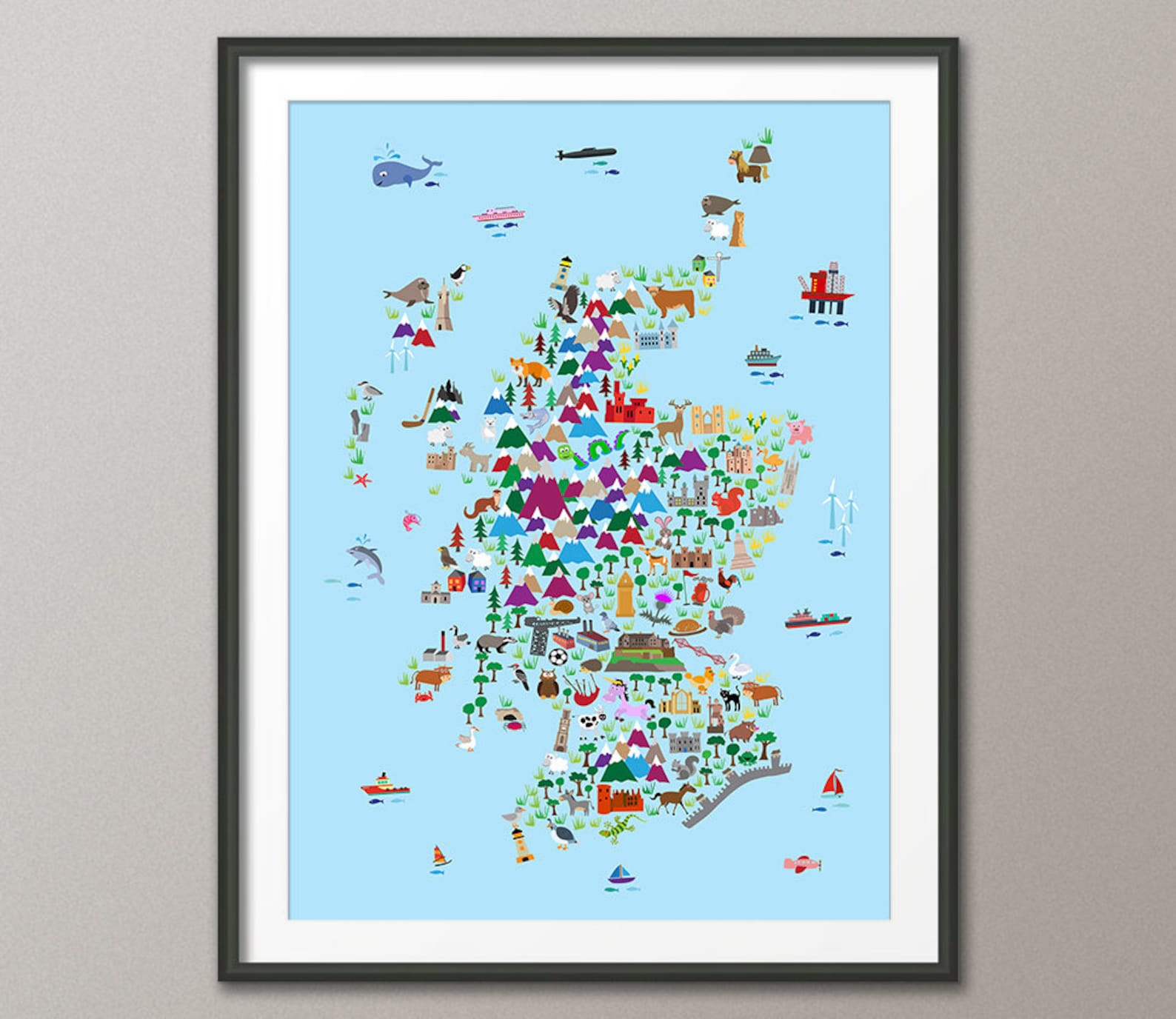 Scotland Animal Map for Children and Kids, Scotland Map, Art Print 2850 ...