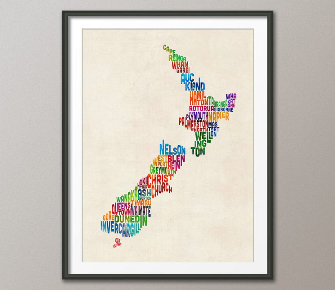 New Zealand Typography Text Map, Art Print (1478) - Etsy