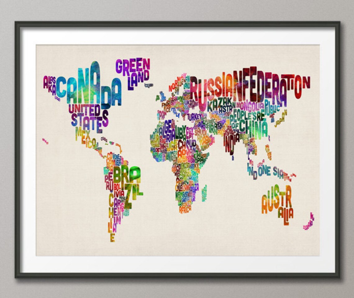 Typographic Text Map of the World Map Art Print 889 | Etsy UK