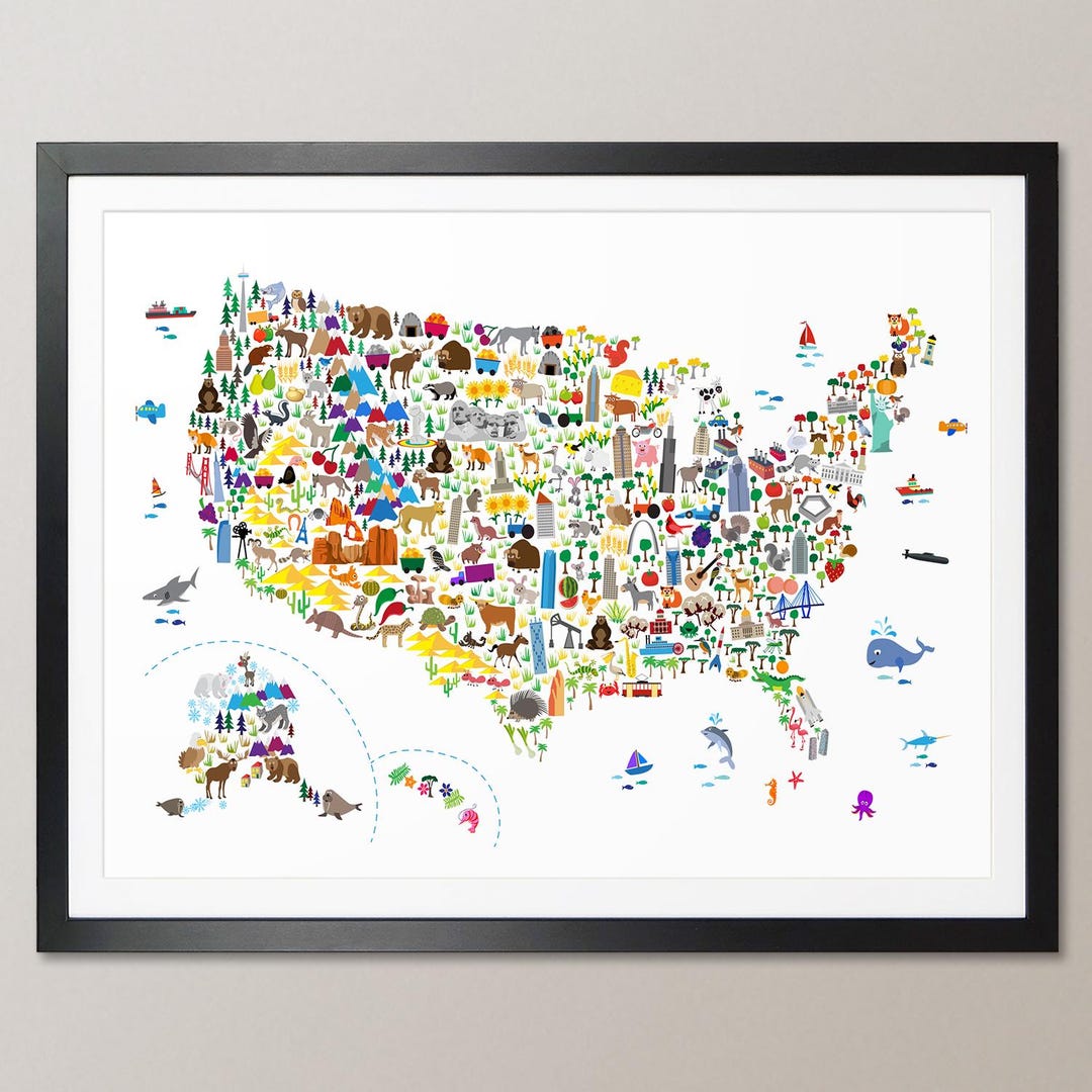 Animal Map of the United States, Map for Children and Kids, Art Print ...