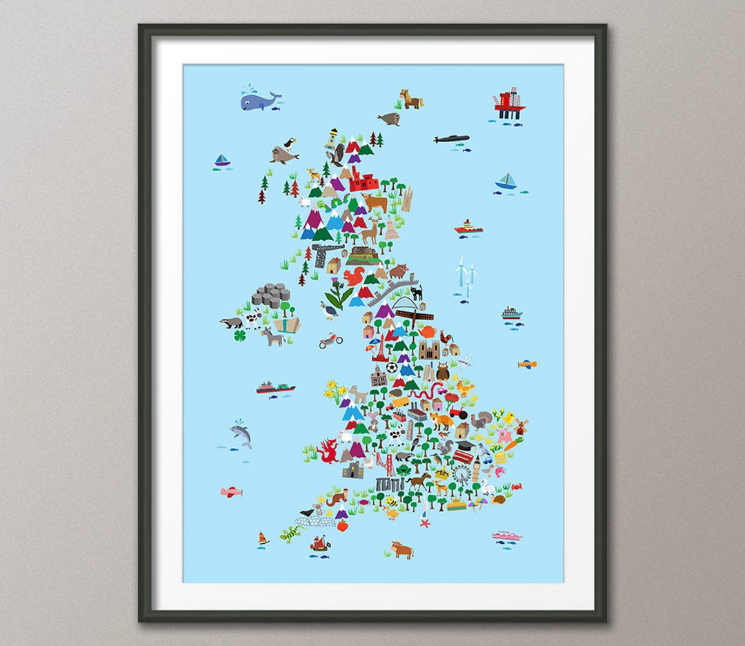 Great Britain Animal Map for Children and Kids, UK Map, Art Print 2848 ...