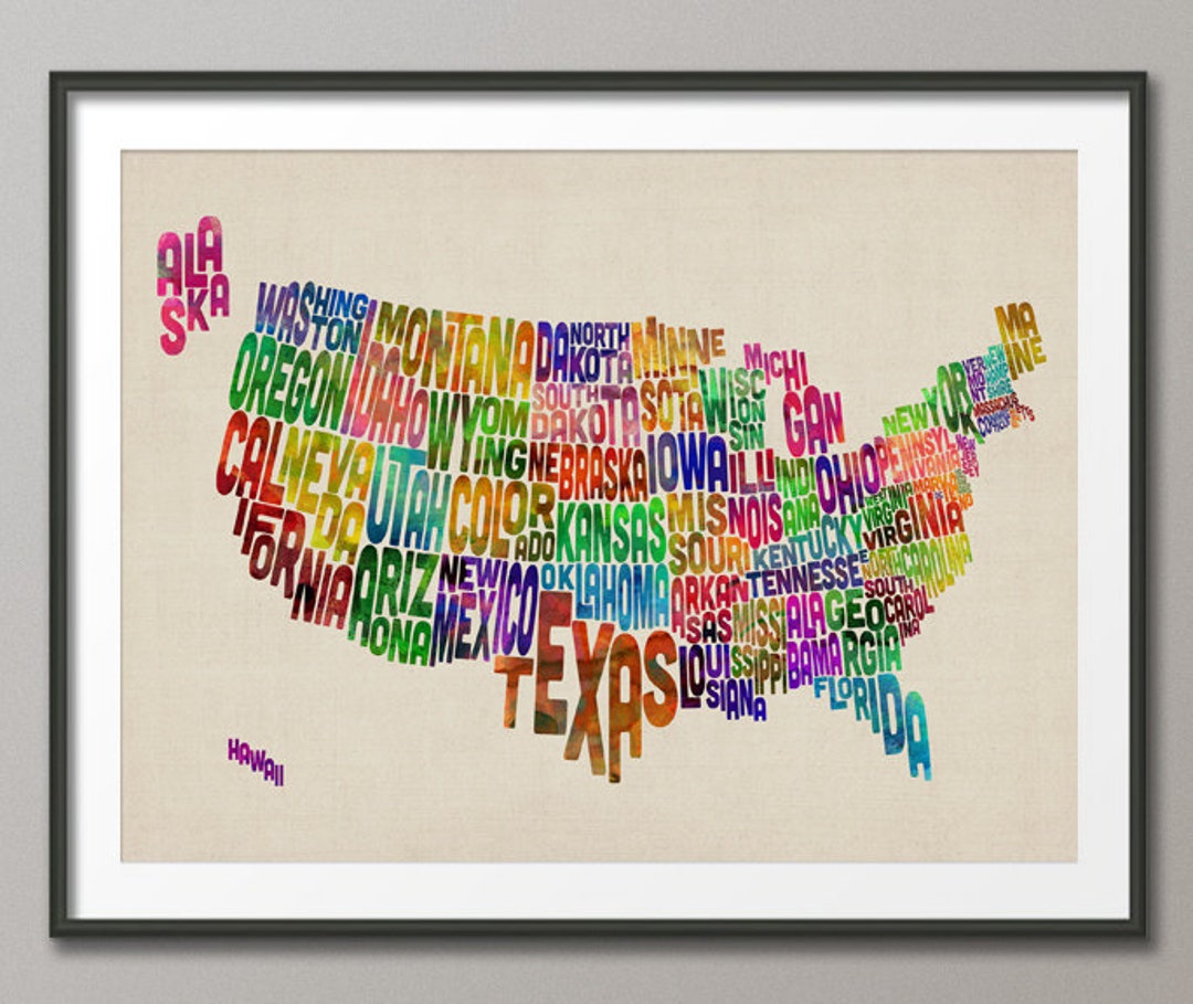 United States Typography Text Map, Art Print 188 - Etsy