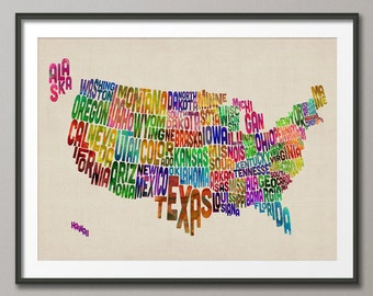 USA Word Map A Typographic Word Map of the United States - Etsy