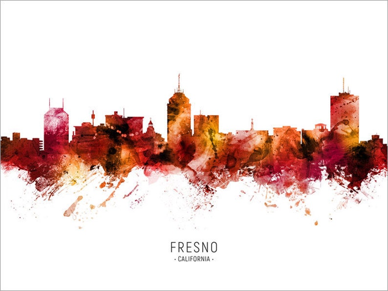 Fresno Skyline California Cityscape Art Poster Print Blue Red | Etsy