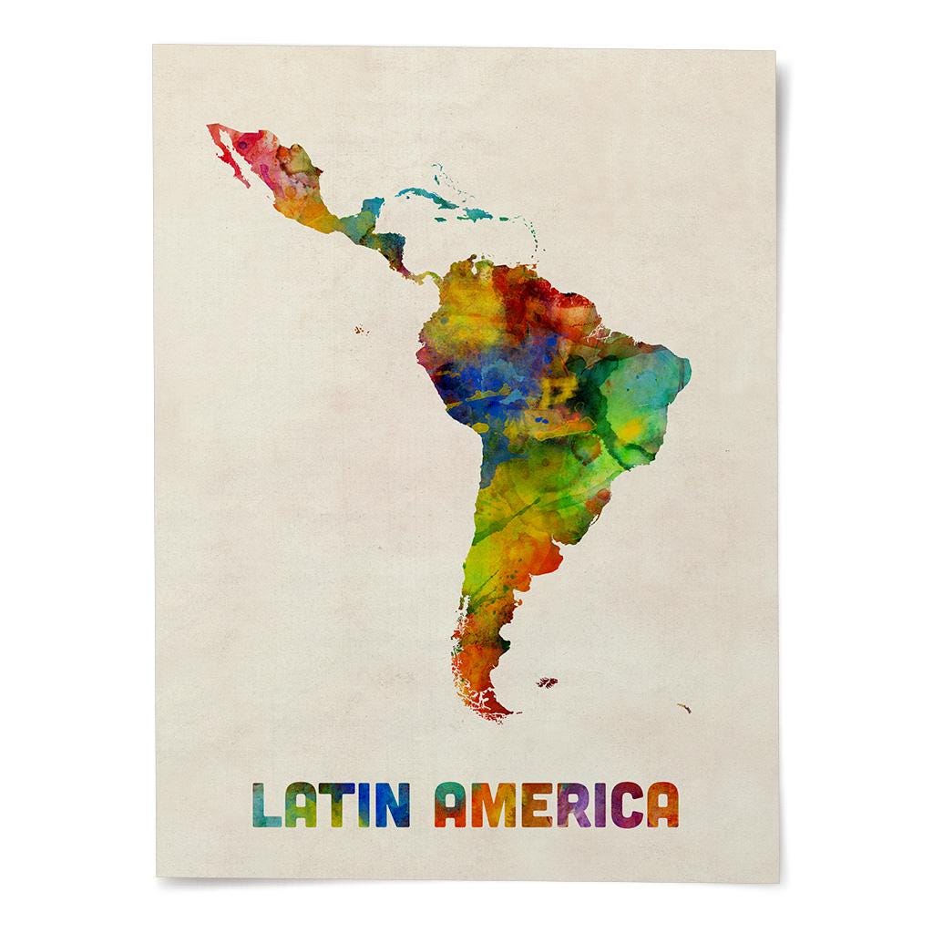 Latin America Map, Watercolour Art Print Poster, Country Travel Wall ...