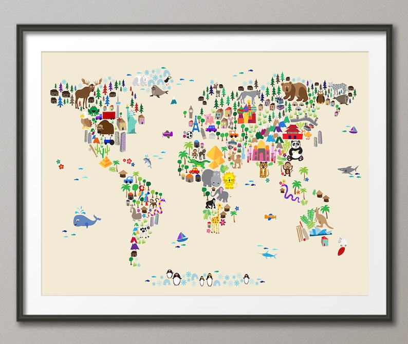 Animal Map of the World Map for children and kids Art Print | Etsy