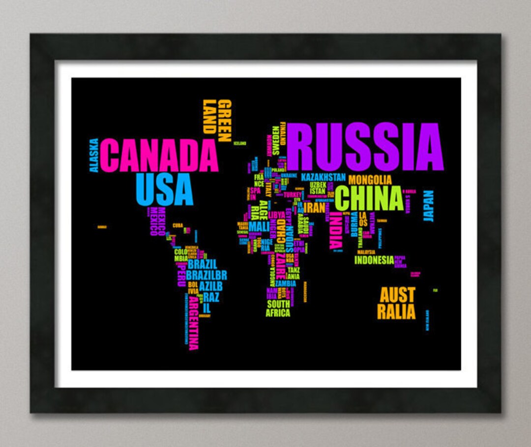 Typographic Text Map of the World Map Art Print 672 - Etsy UK