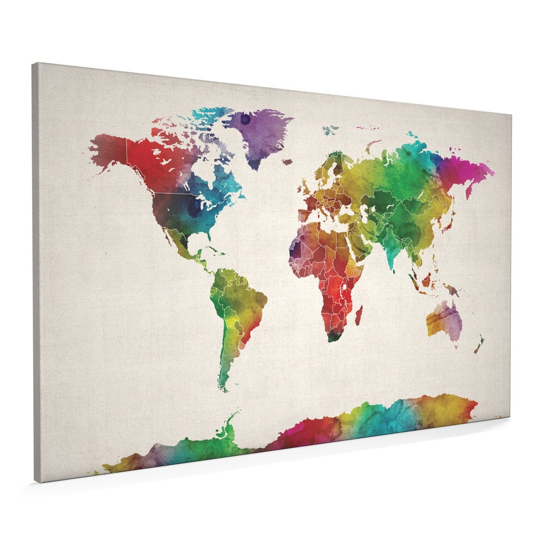 World Map Canvas, Watercolour Map of the World Box Canvas Art Print ...