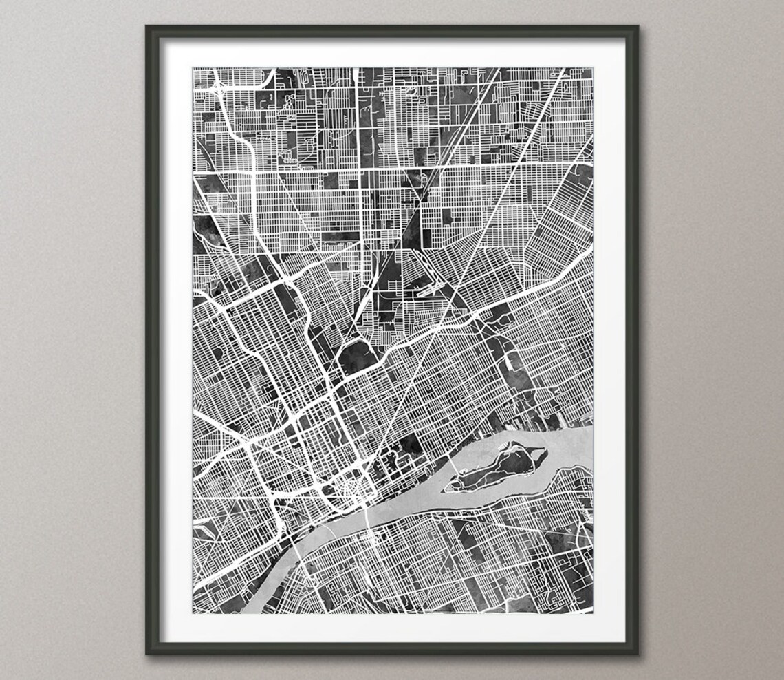 Detroit Map Detroit Michigan Watercolor Map Painting Art | Etsy